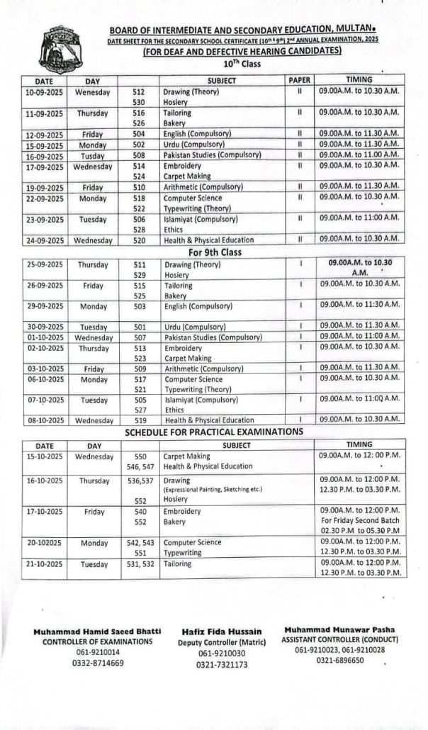Datesheet for SSC 2nd Annual Examination 2025 – BISE Multan Web Portal